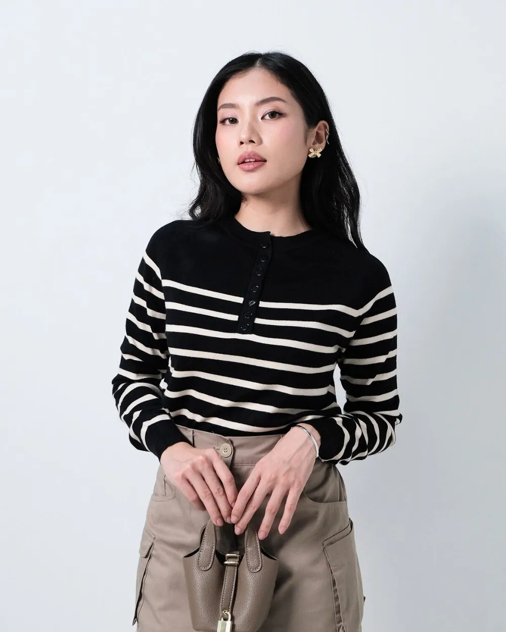 Mondro Long Sleeve Stripe Knit Top with Buttons | Women | Pinkdose