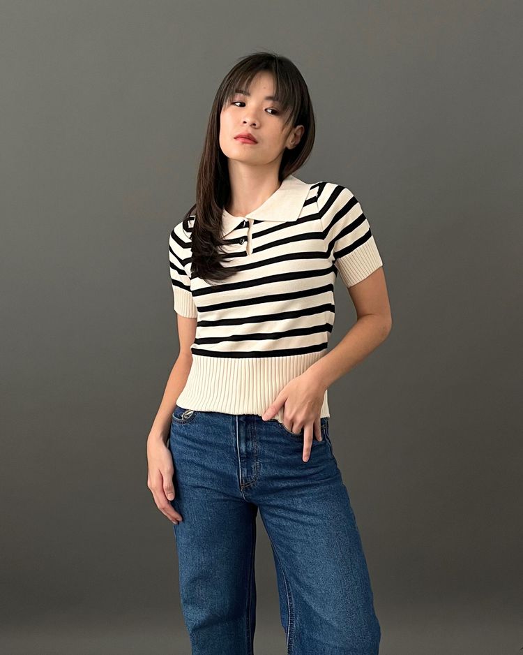 Marcella Short Sleeve Stripe Knit Top with Collar | Women | Pinkdose